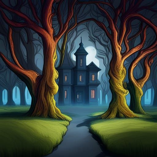 hand drawing of a row of willow trees leading to a haunted house - AI ...