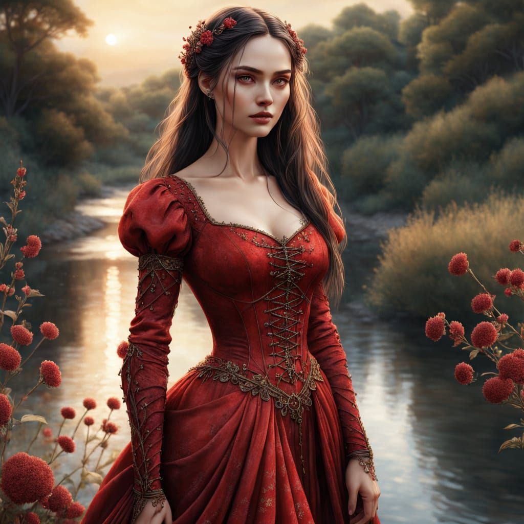 Medieval Gothic Woman in Red Floral Dress at Sunset