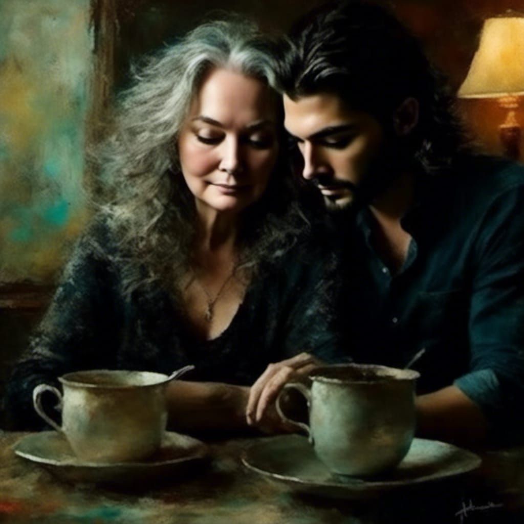 Palette knife painting of woman and man , dark walls, perfect balanced ...