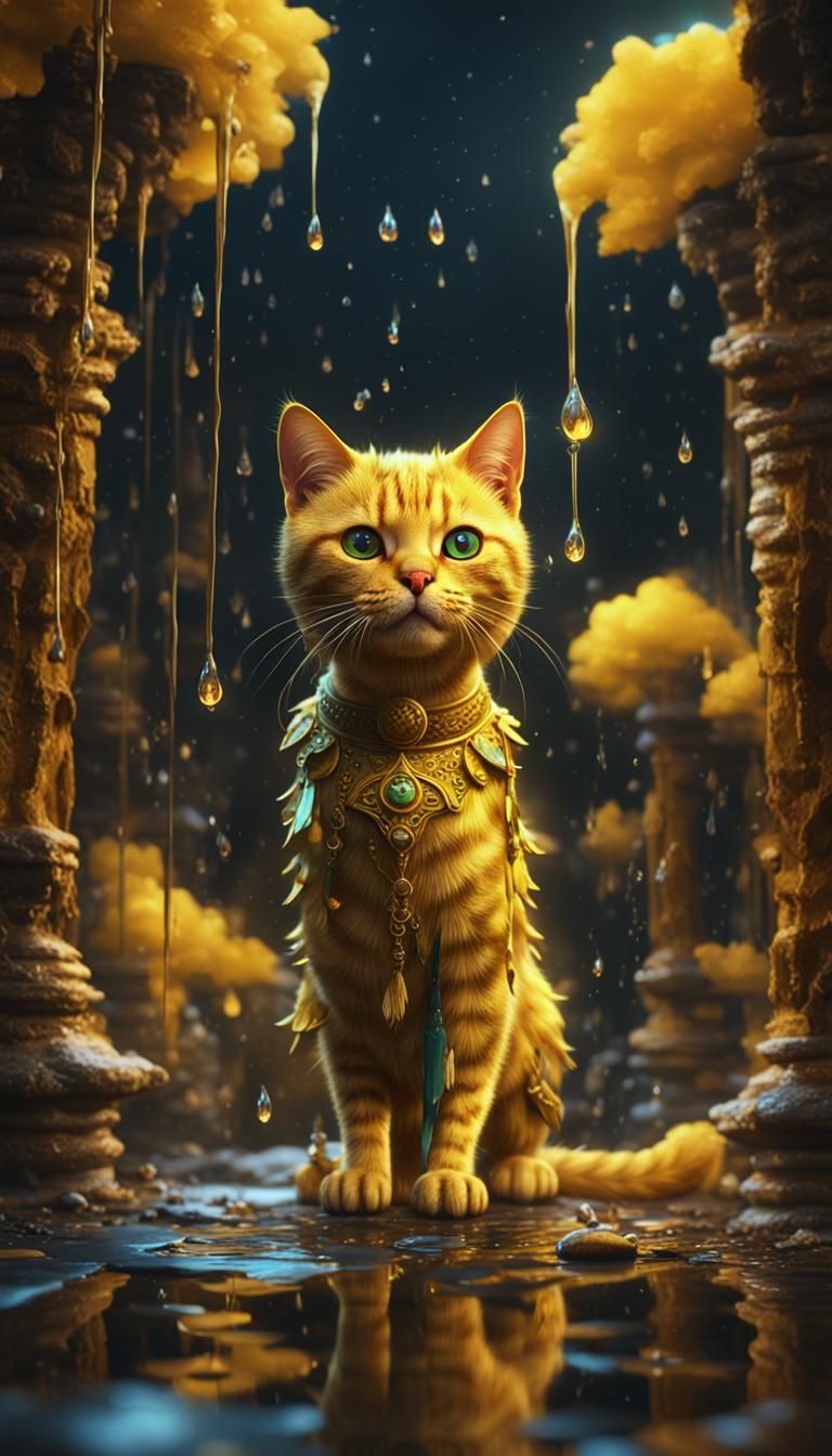 A small yellow Shirazi cat is crying standing up and tears are pouring ...