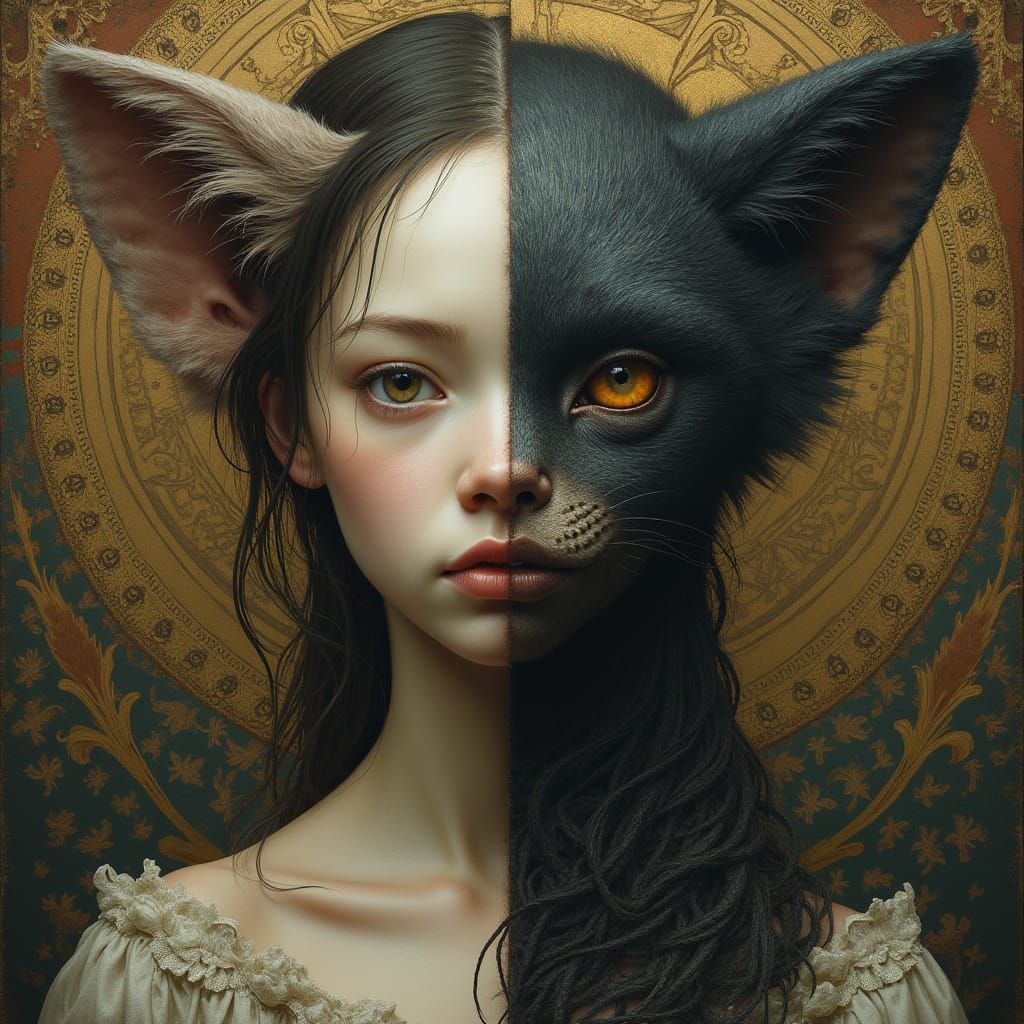 hyperrealistic female figure with a split face, one side plain and the ...