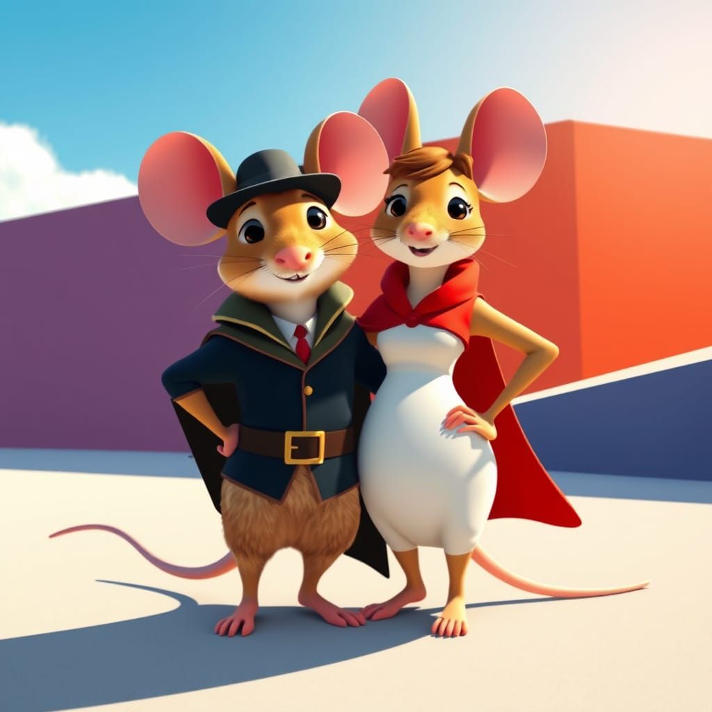 Heroic Cartoon Mice Couple in Geometric Suprematis... - AI Art