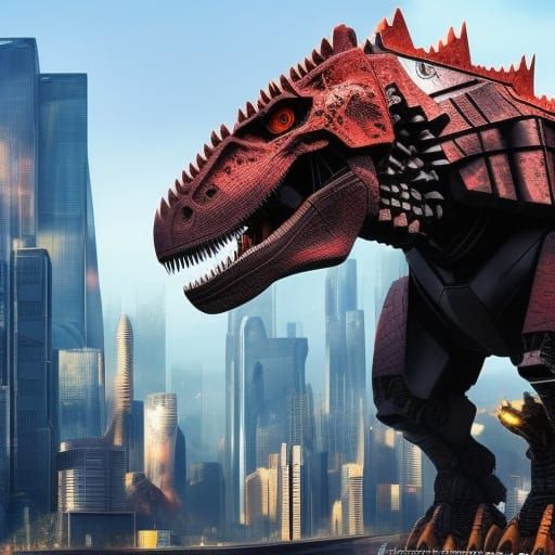 a colossal mechanical tyrannosaurus rex wreaking havoc in a futuristic ...