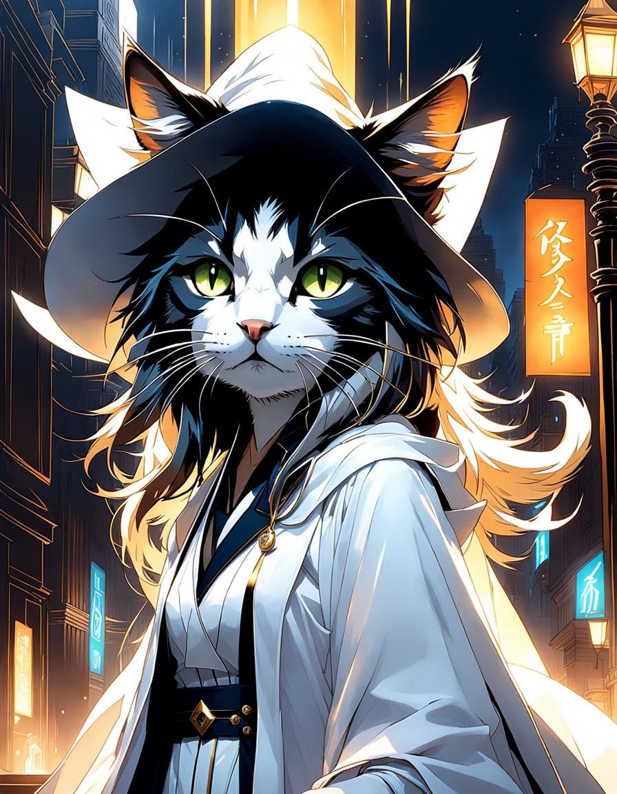 Cat Wizard Anime: Hyper_Detailed, Flowing_Occultic_White_Robes, Sleek ...