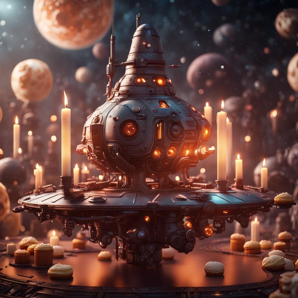 A spaceship in the space of candles, sweets, marshmallow, and chocolate ...