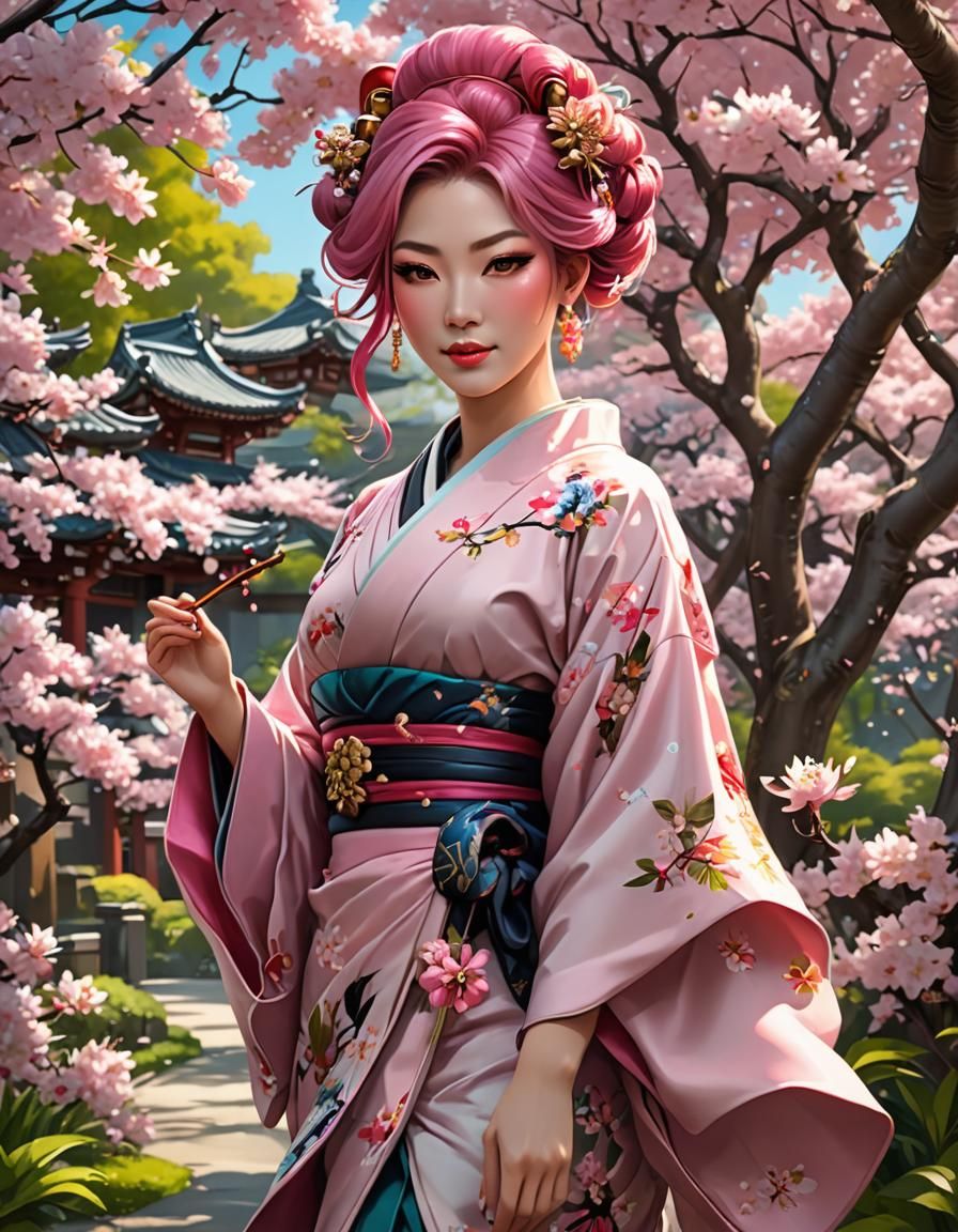 Beautiful geisha girl in Japan strolling through cherry blossom trees ...