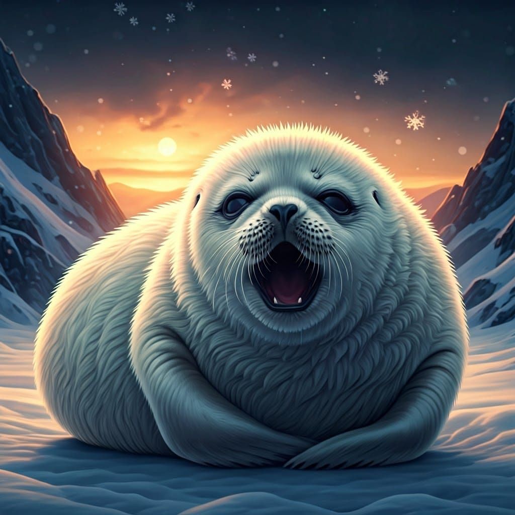 White Sea Lion Cub Awakens in Snowy Valley - AI Art