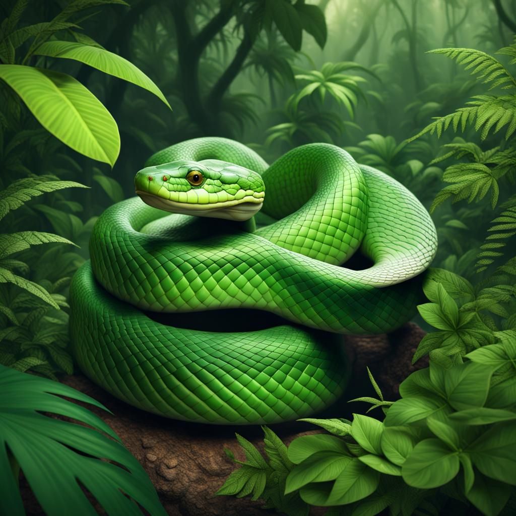 A large green snake in a verdant jungle, 64k resolution, a masterpiece ...