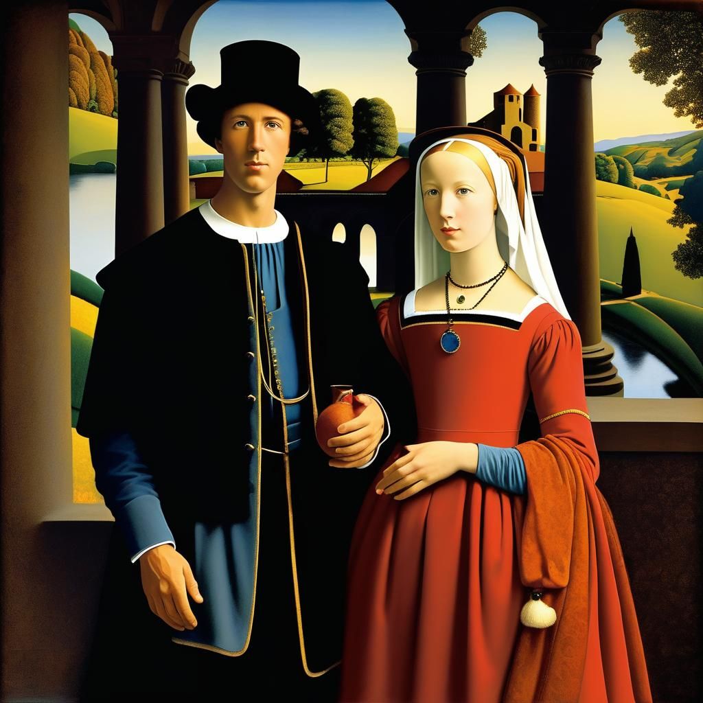 "Arnolfini Portrait" in the style of Maxfield Parrish - AI Generated ...