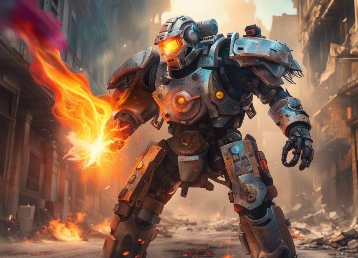 armored cyborg with a flamethrower burning a small building in an old ...