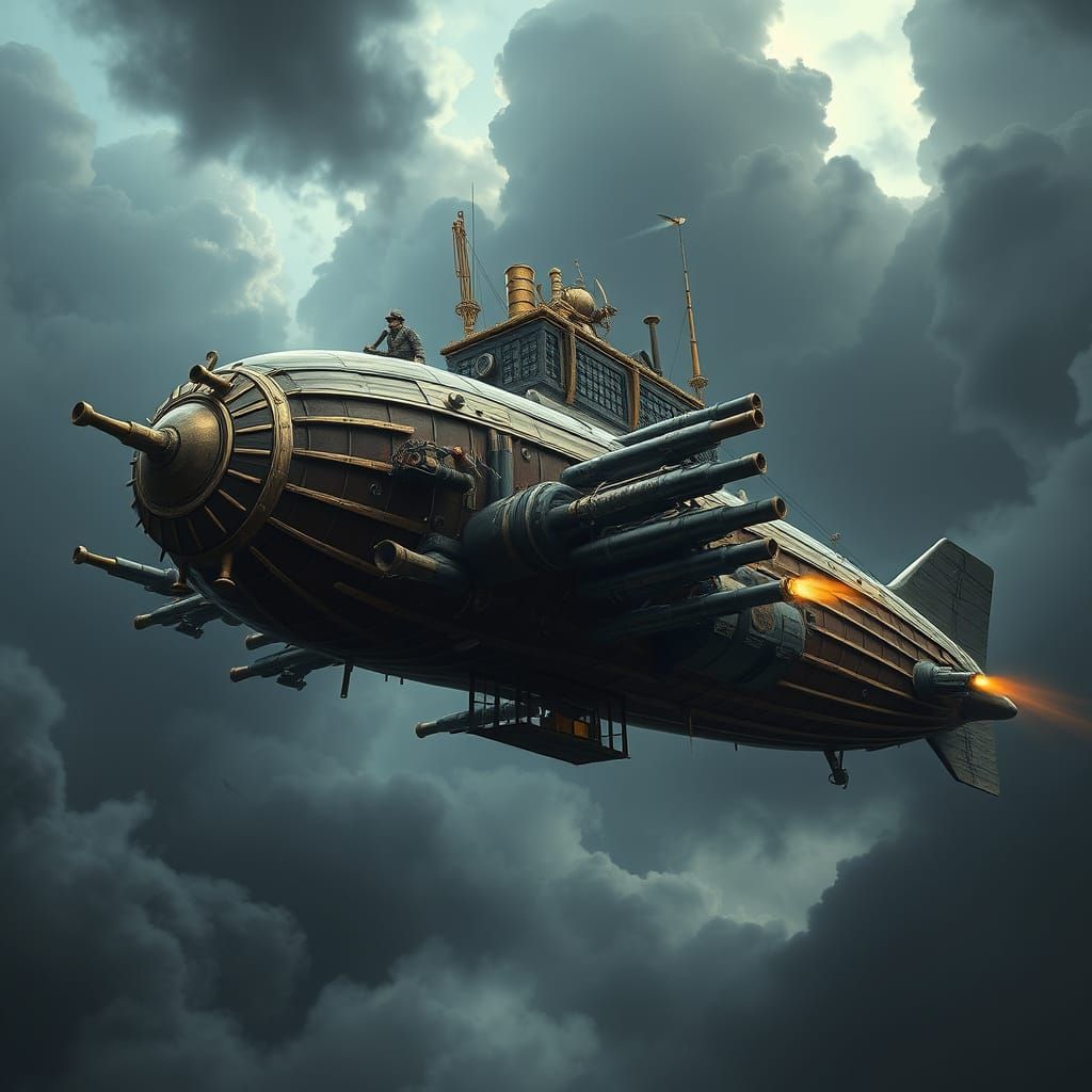 Steam-Powered Warship Blimp Soars Through Stormy S... - AI Art