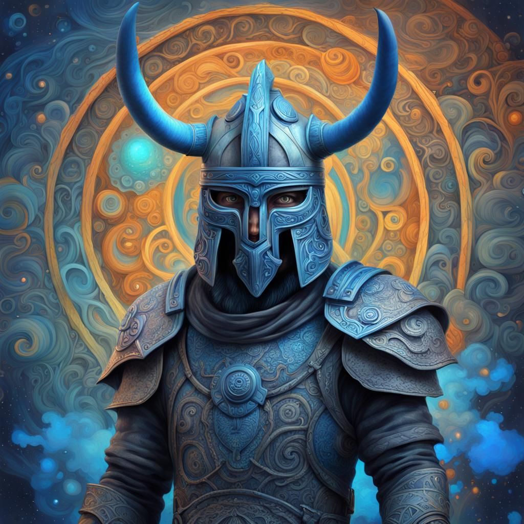 Psychedelic Weird creepy creature wearing a viking helmet,horse ears ...