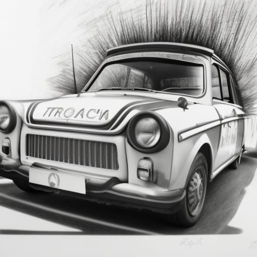 black and white pencil drawing of a trabant 601 in hyperdetailed and ...