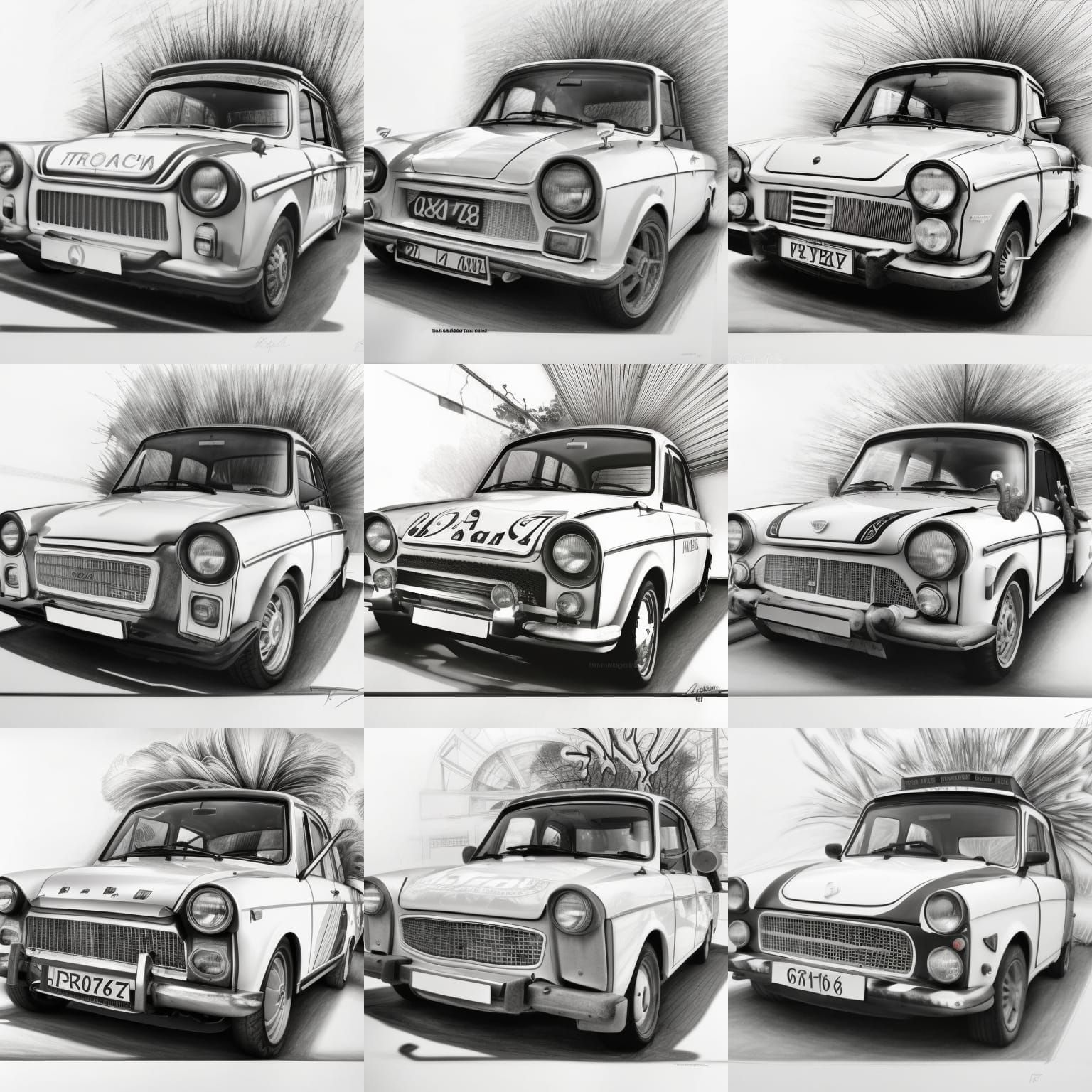 black and white pencil drawing of a trabant 601 in hyperdetailed and ...