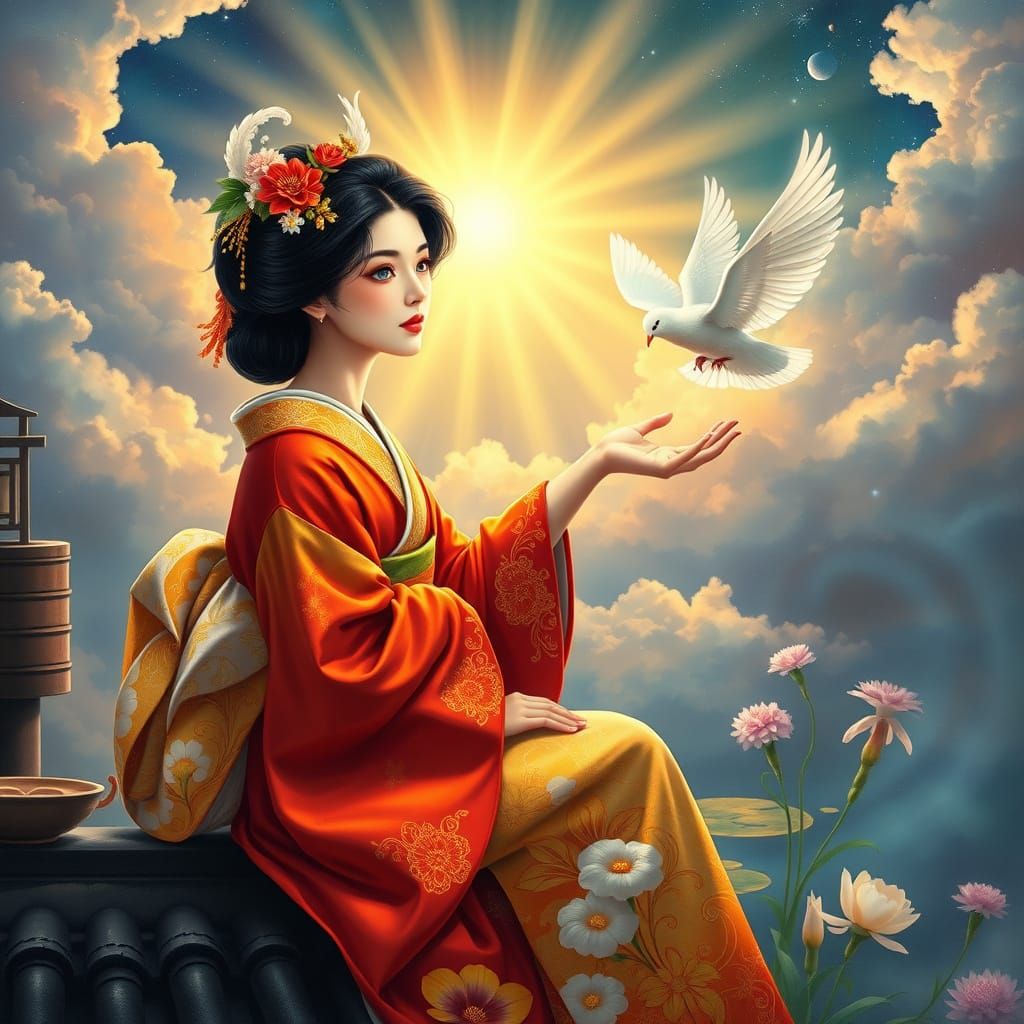 Ethereal Geisha in Radiant Colors, Haloed by Heave... - AI Art