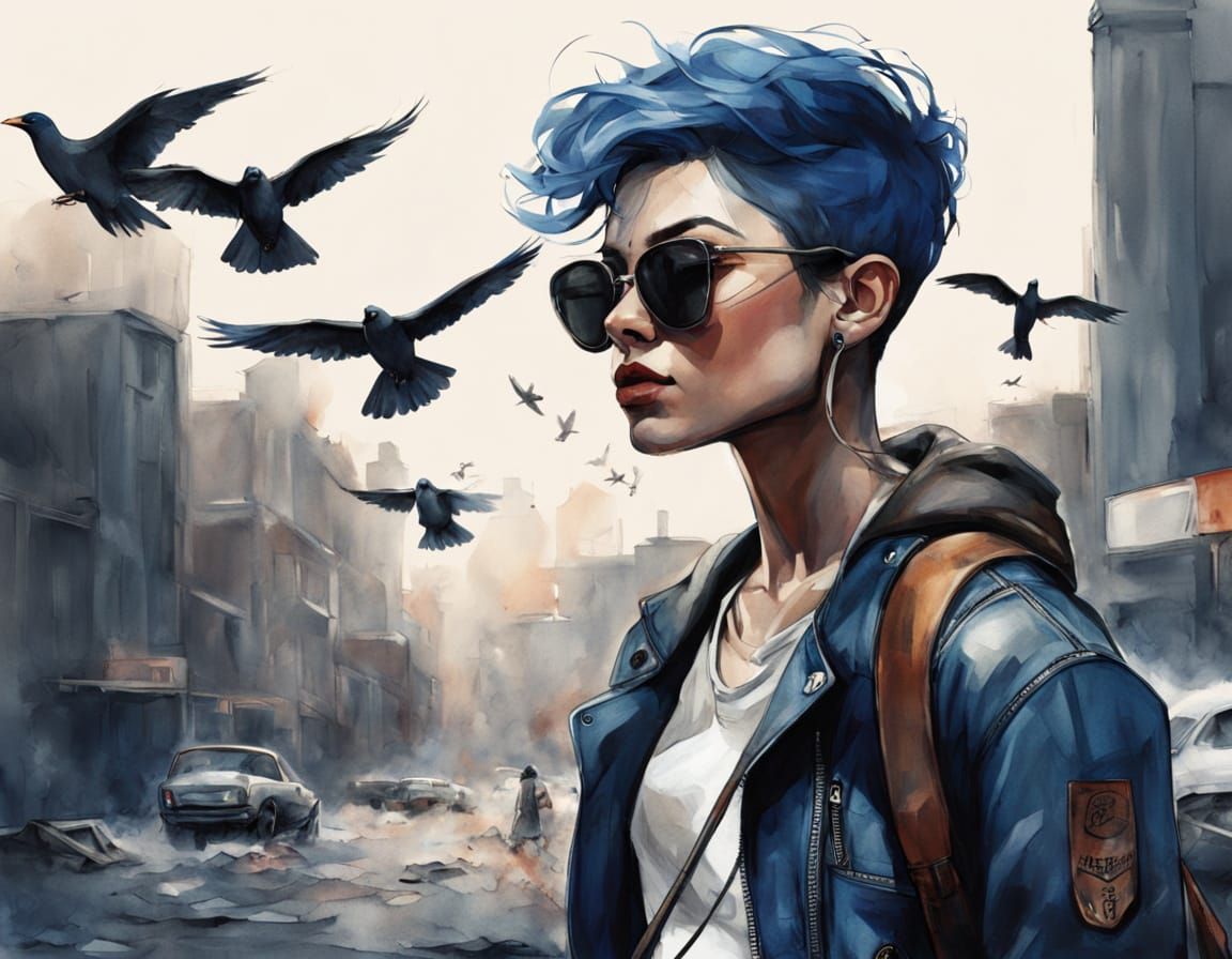 Cyberpunk Watercolor Pixie Smirks in Ruined Citysc... - AI Art