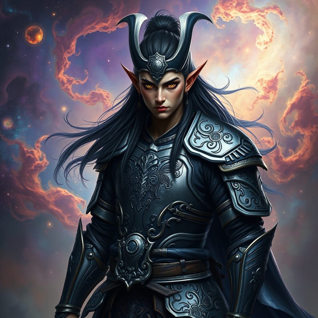 Majestic Drow Elf Samurai in Cosmic Armor - AI Art