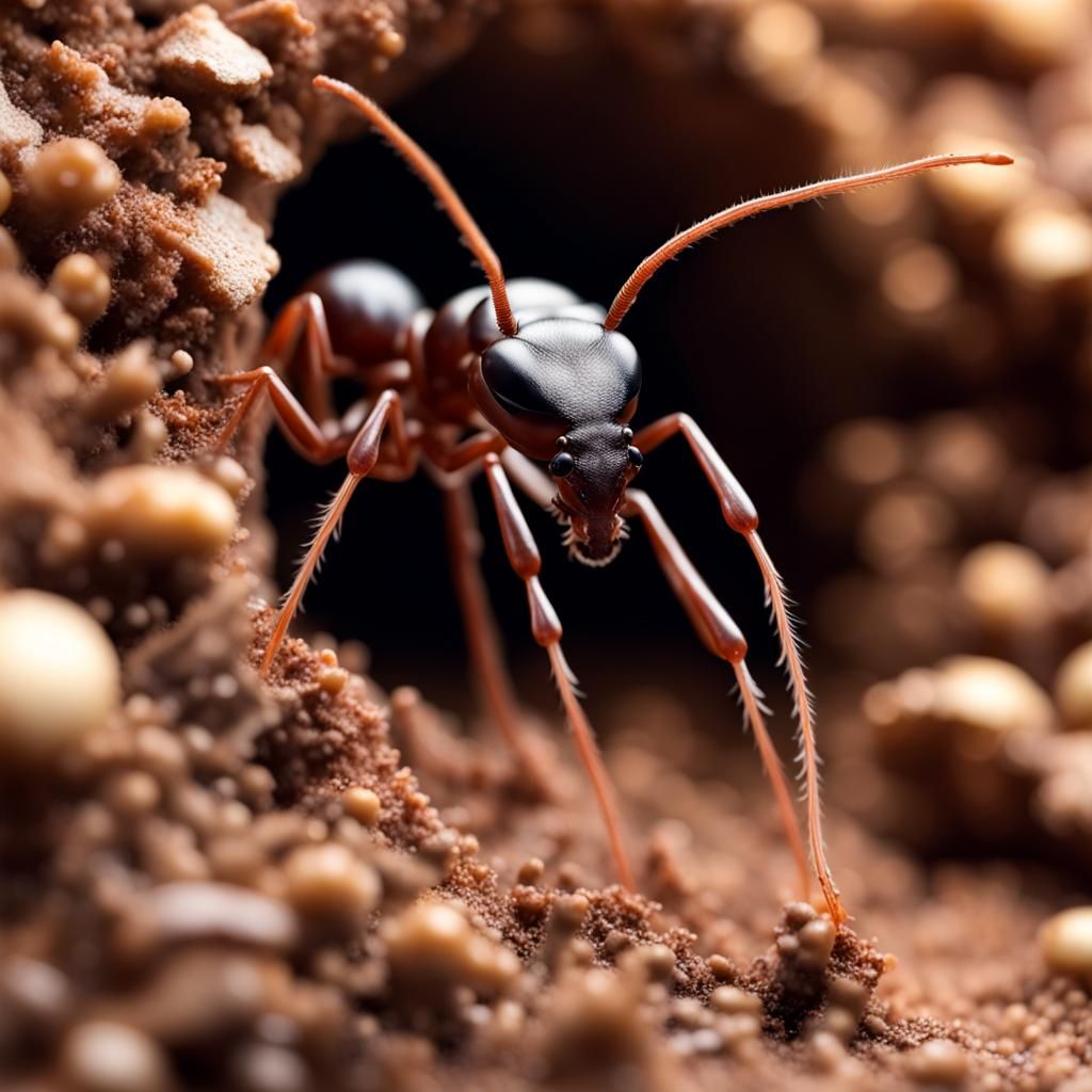 A worker ant digging a tunnel in an ant colony, close-up, detailed ...