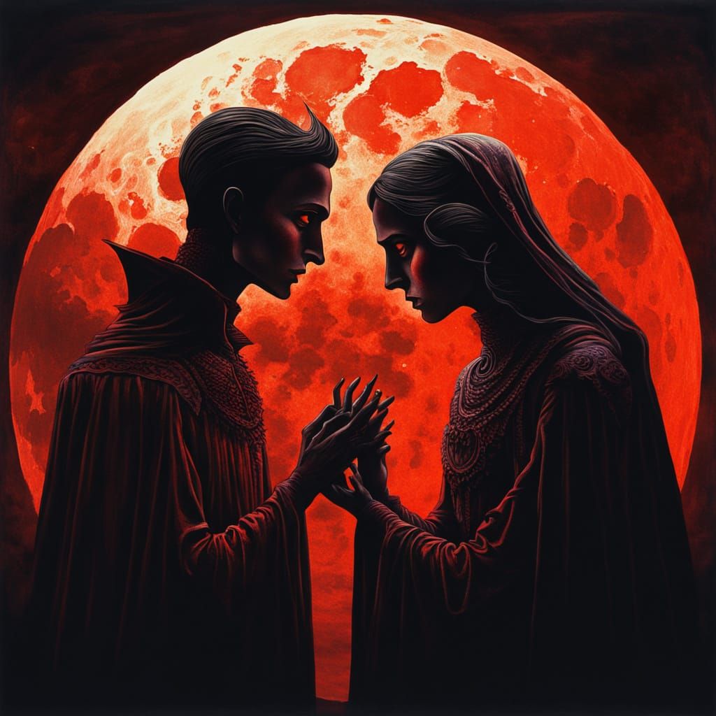 Vampire Couple Under Blood Moon in Surreal Style - AI Art