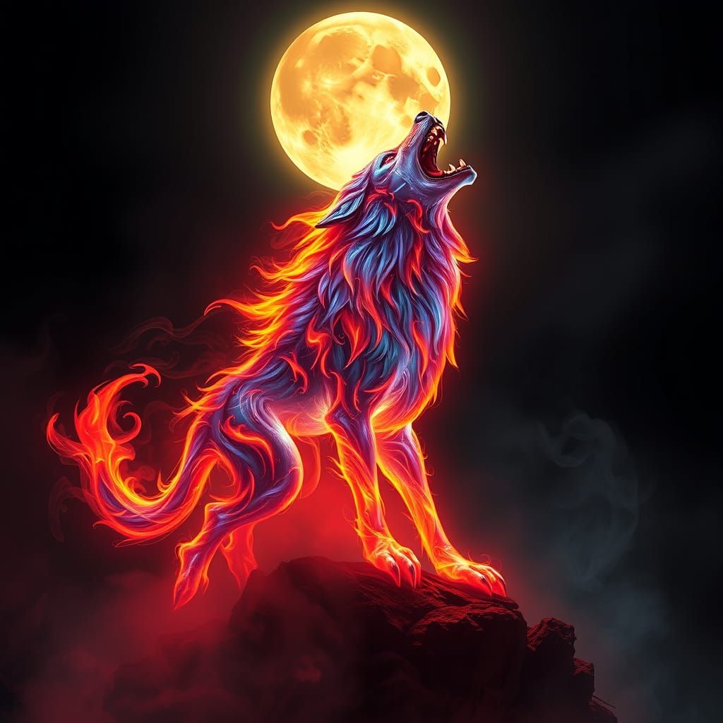 Eerie Howl - Ethereal Werewolf Emerges from Neon Flames