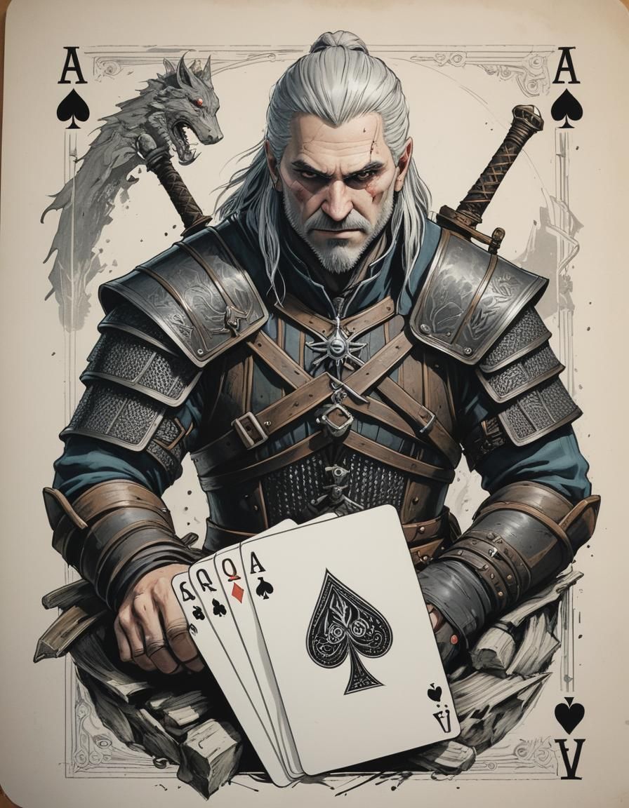 Playing card on Witcher theme ; drawing ink sketch by Manchu, cizim ...