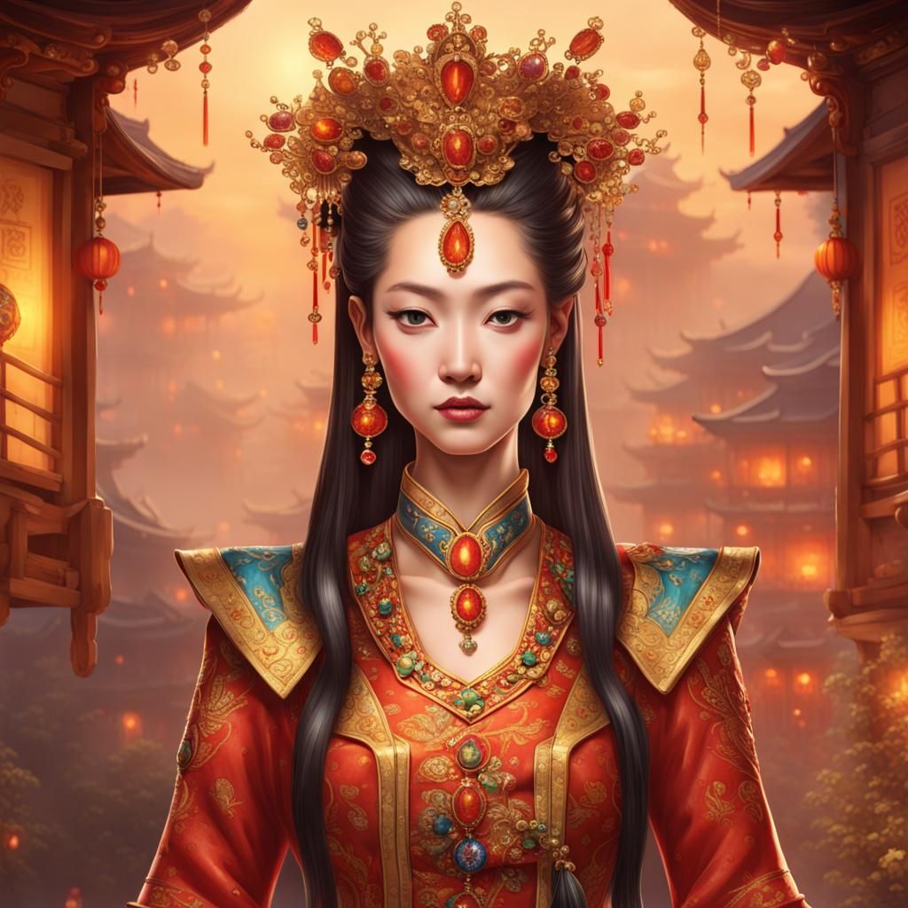 Create an ancient Chinese queen adorned with jewels looking down from ...