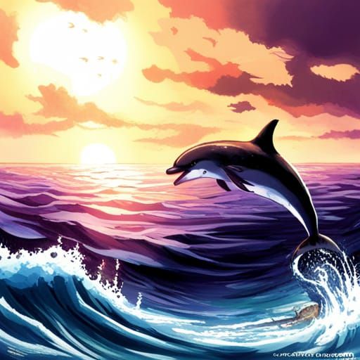 A dolphin jumping out of water with a shark chasing it. by artist ...