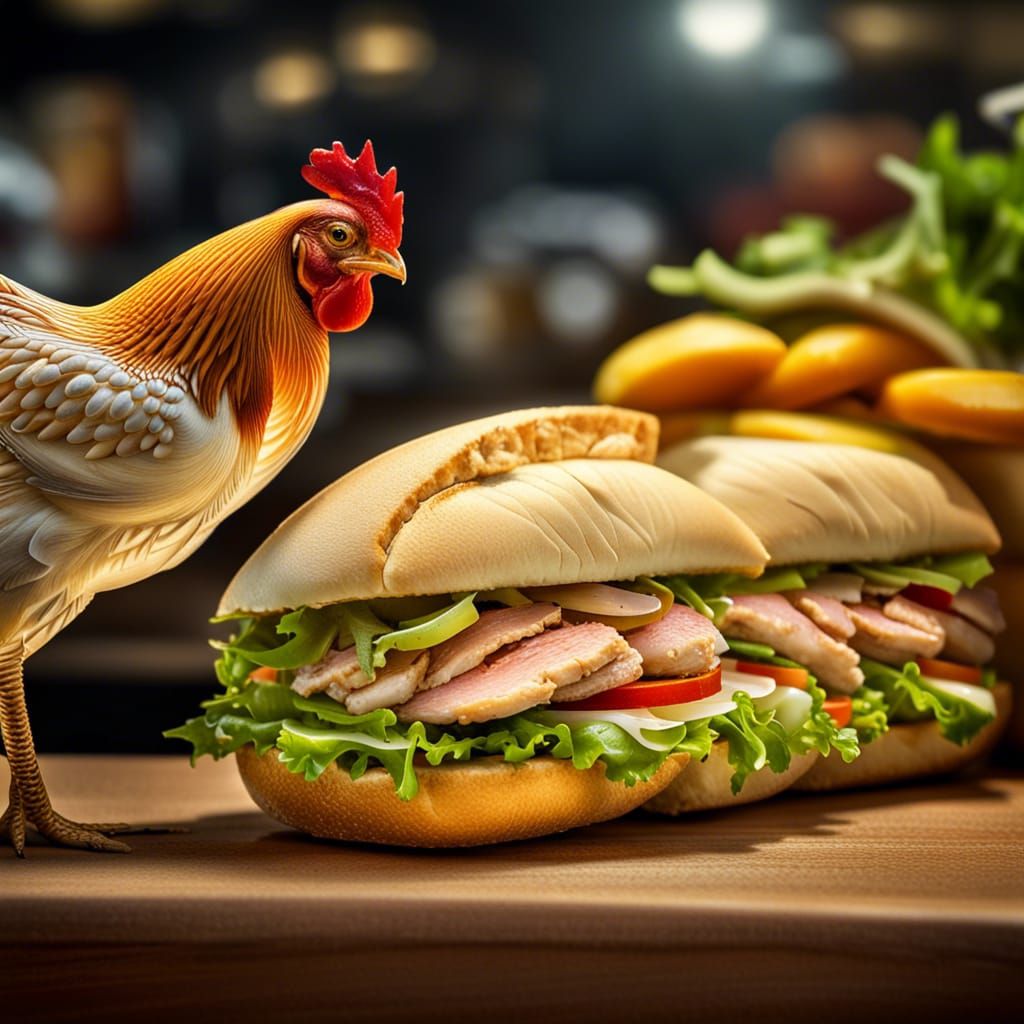 Rooster looking at a chicken sandwich - AI Generated Artwork ...