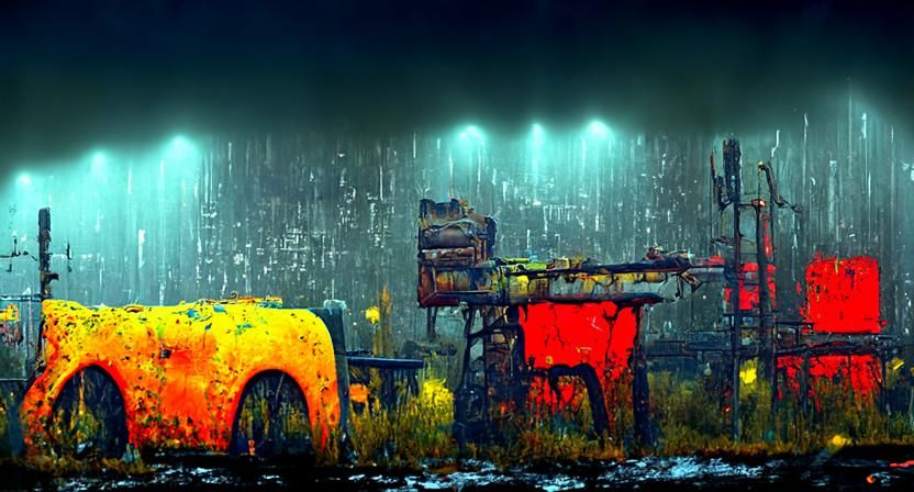 Neon Rust and Cold Rain: Surreal Industrial Landsc... - AI Art