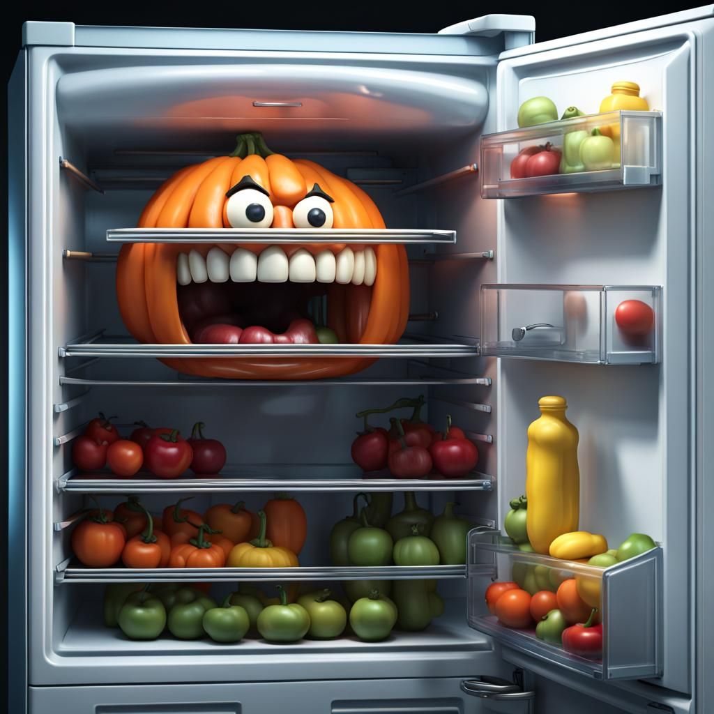 Cartoon refrigerator with a scary face, 64k resolution, a masterpiece ...