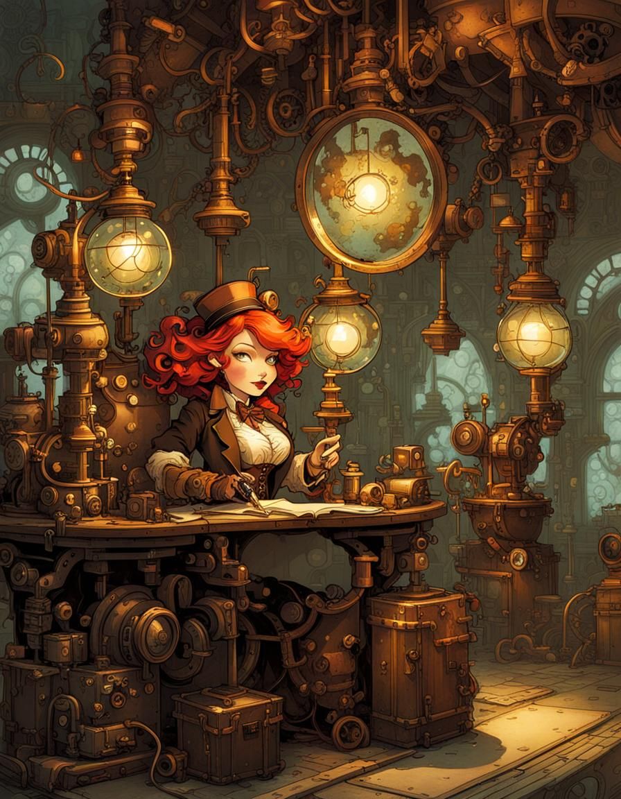 Steampunk inventor redhead enchanting Brian Kesinger, hyperdetailed ...