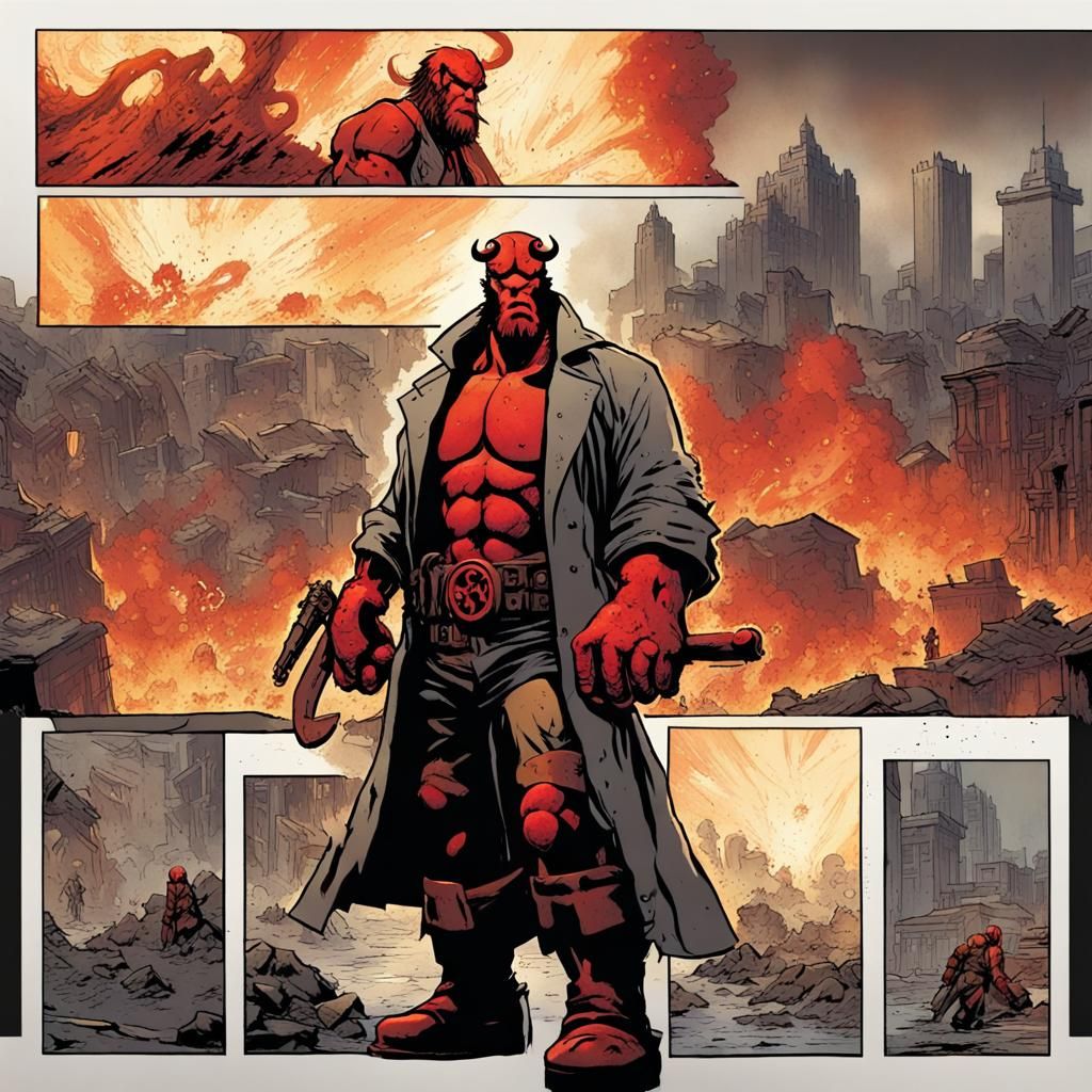 Design a page for a fantasy comic book starring Hellboy fighting an ...