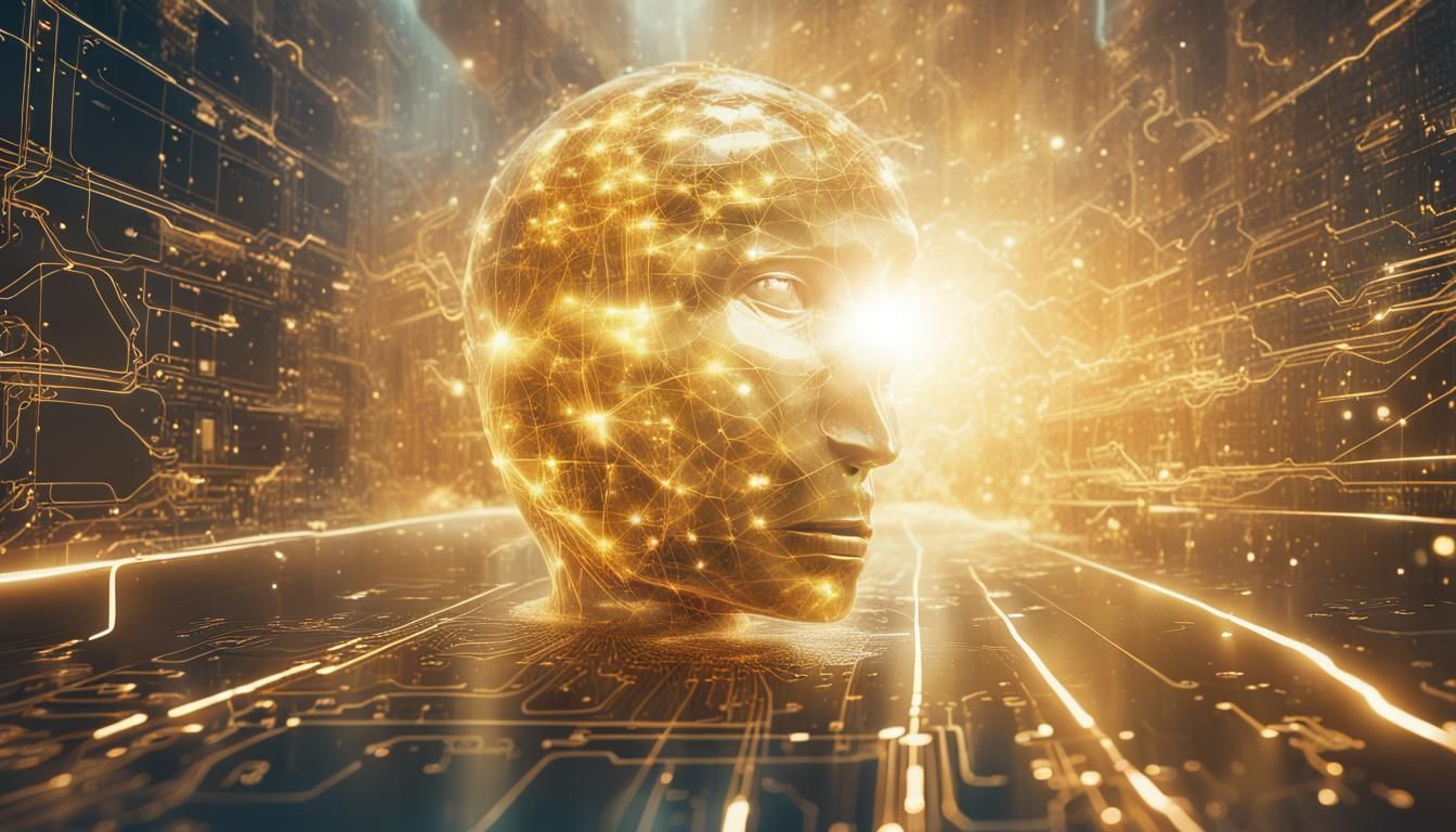 A powerful, ethereal AI entity bathed in golden light, extending its ...