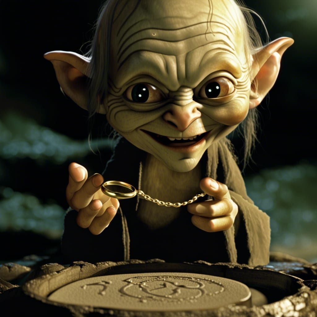 Baby Smeagol staring at the one ring, petting it and smiling while ...