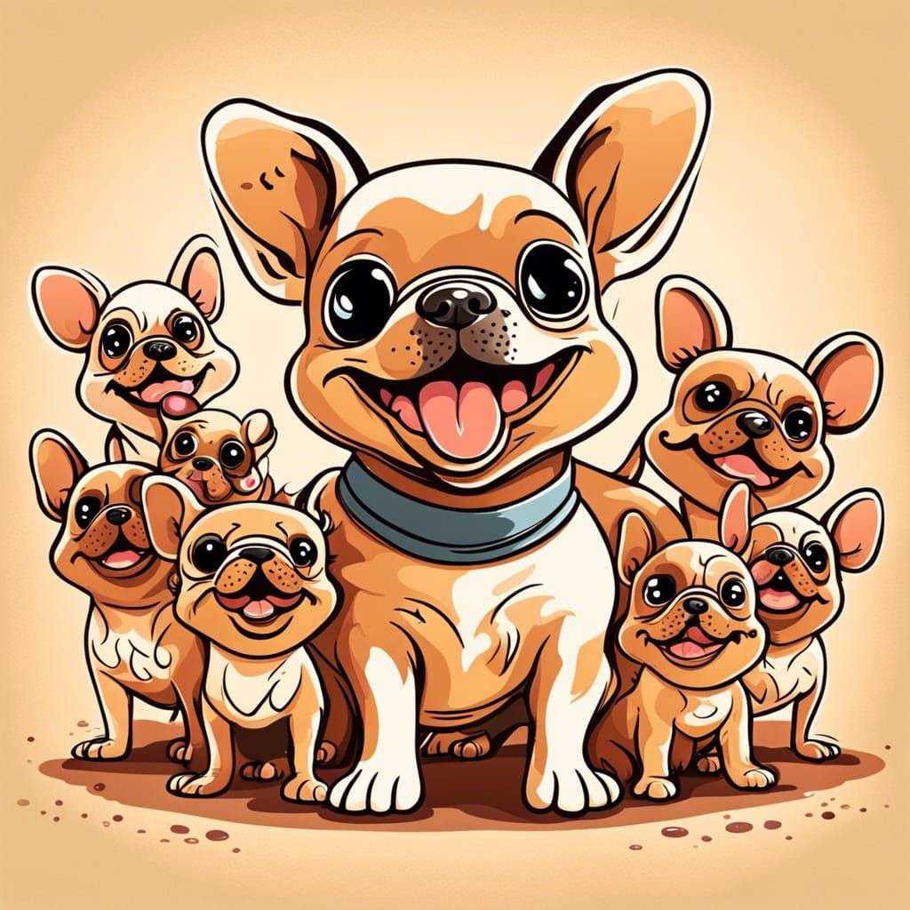 A cartoon of a happy Fawn Frenchie with big eyes and a big smile with ...