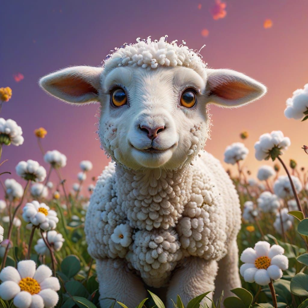 Lamb in a field of flowers made of cotton