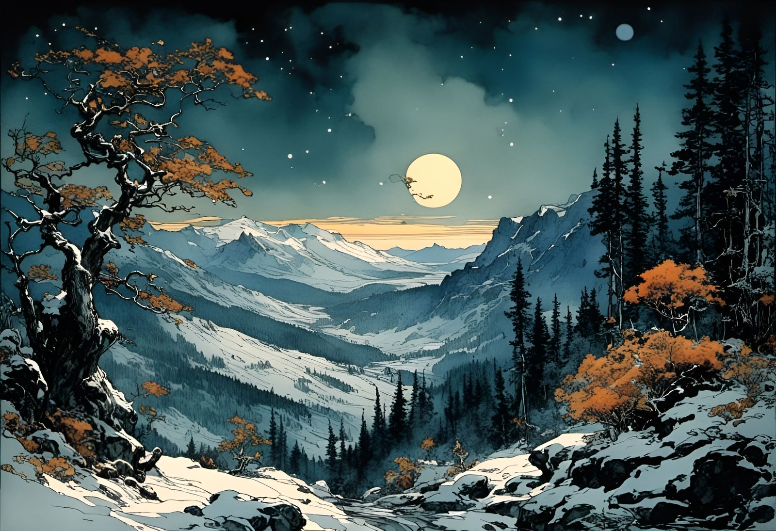 Night, dark dark night, starry starry sky, snow, winter, bright maple autumn, Elk,... - AI ...