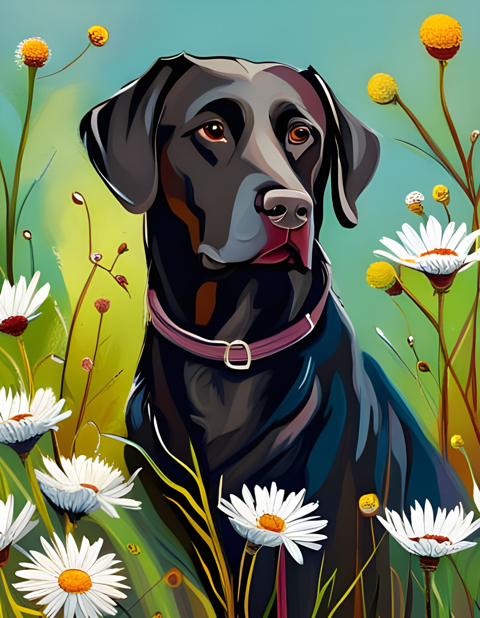 Black Labrador with daisies and grasses abstract art complementary ...