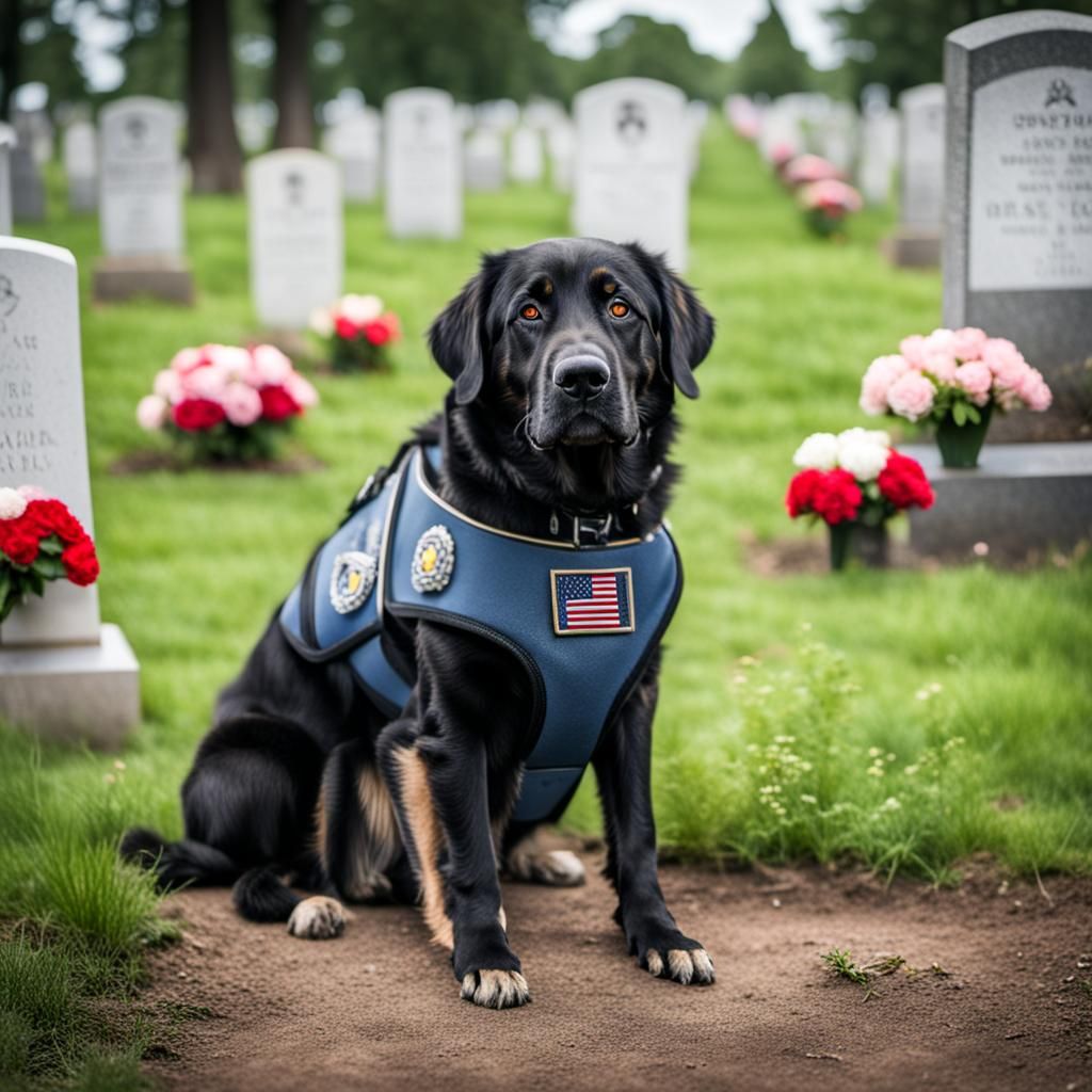 a sad service dog near a grave - AI Generated Artwork - NightCafe Creator