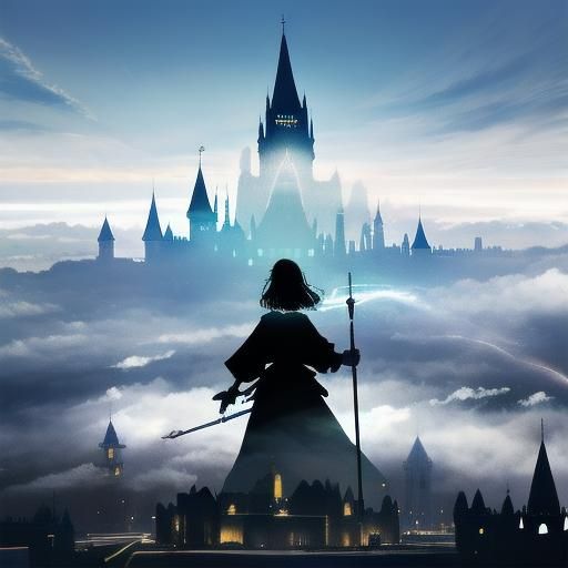 Double exposure art, a photo of a Medieval Castle inside the silhouette ...