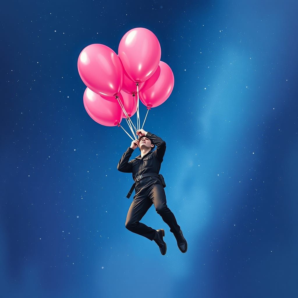 Ethereal Man Soars with Neon Balloons in Cosmic Sp... - AI Art