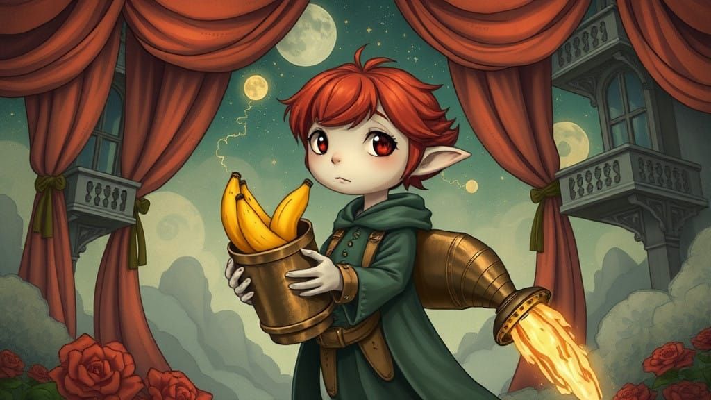 Whimsical illustration of Night Bacon Rocket, a surreal character with ...