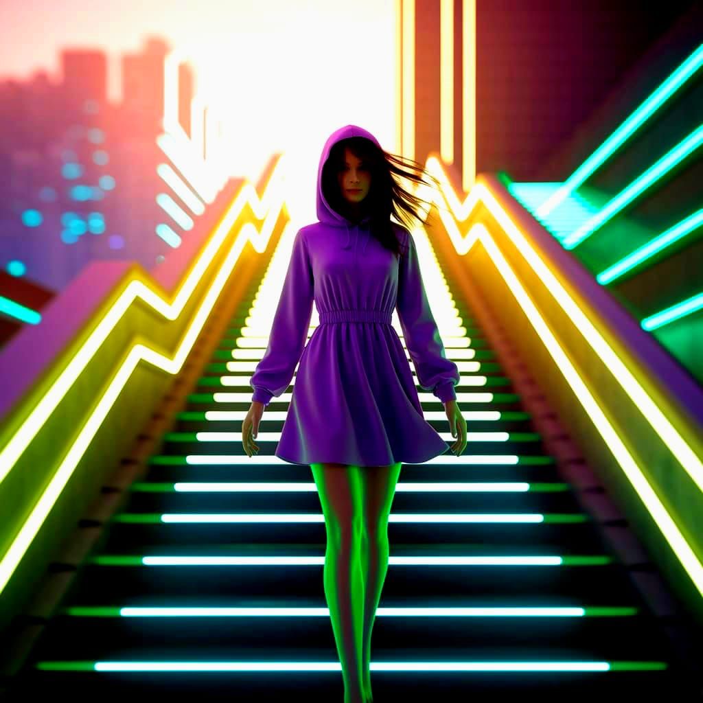 Purple Hooded Figure on Neon Skyscraper in Dreamli... - AI Art