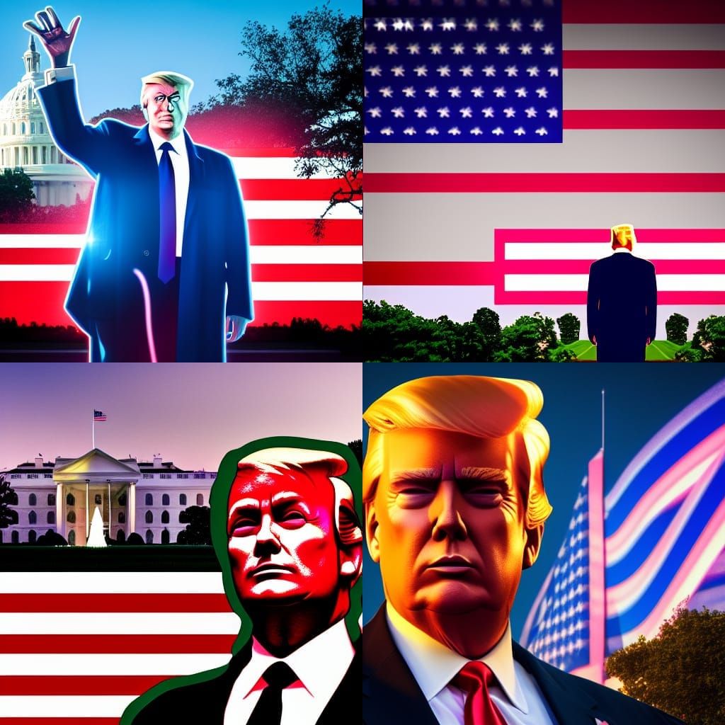 Synthwave Donald Trump in front of white house and American Flag in the ...