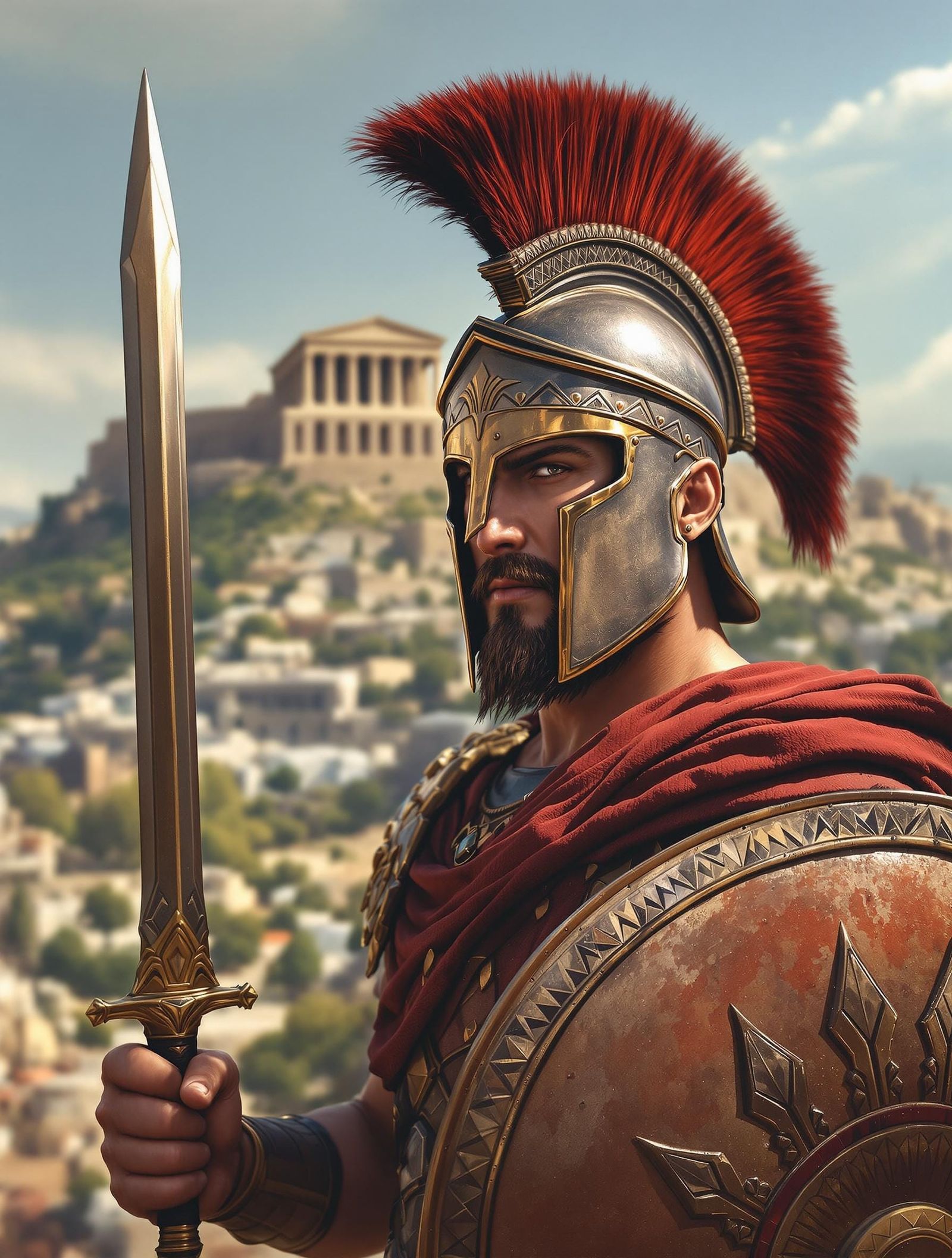 Portrait Spartan warrior with the Acropolis in the background. He is ...