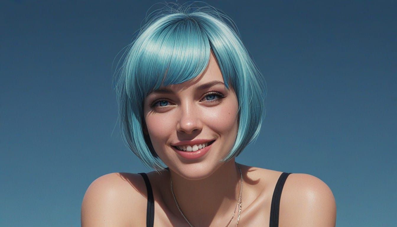 Elegant Woman with Silver Hair and Cyan Lips in Hy... - AI Art