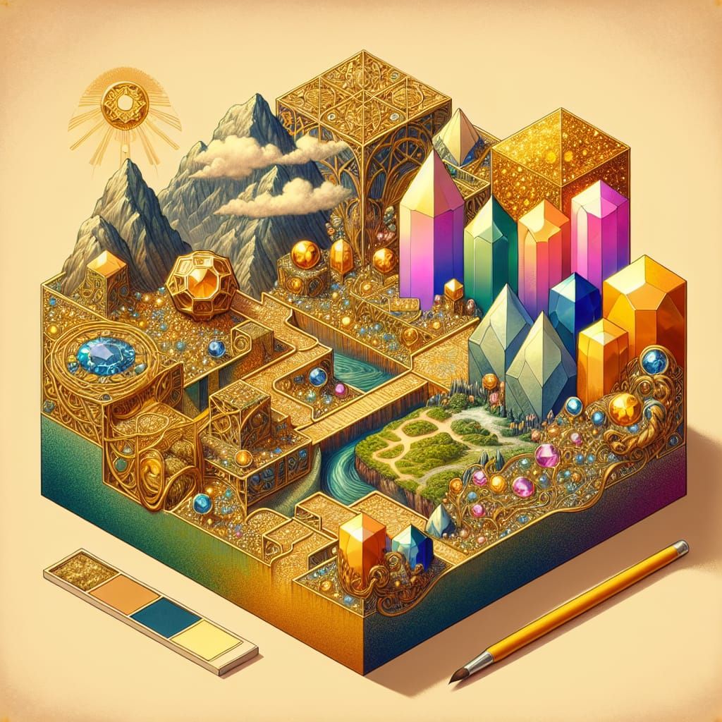 gemstone landscape, isometric view, intricately detailed fantastical ...