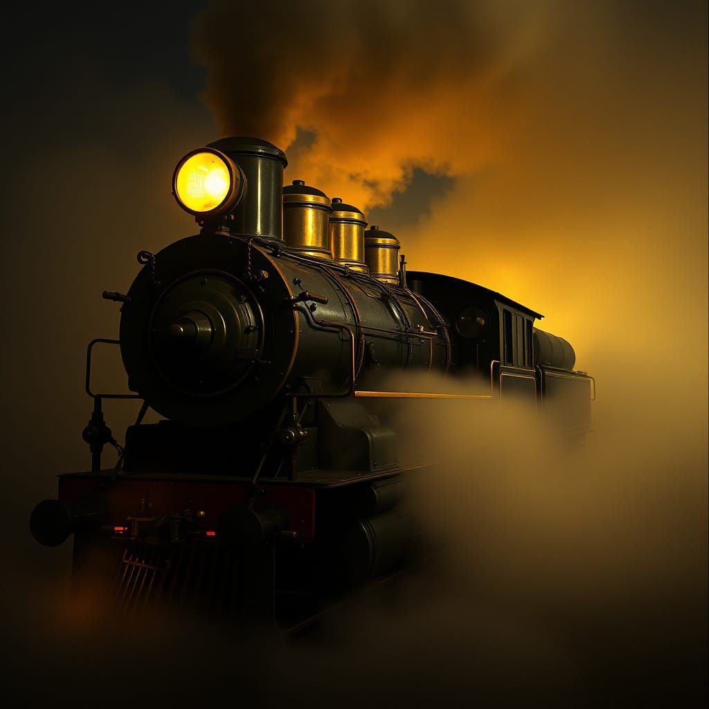 Vintage Steam Engine Train Chugs Through Foggy Nig... - AI Art
