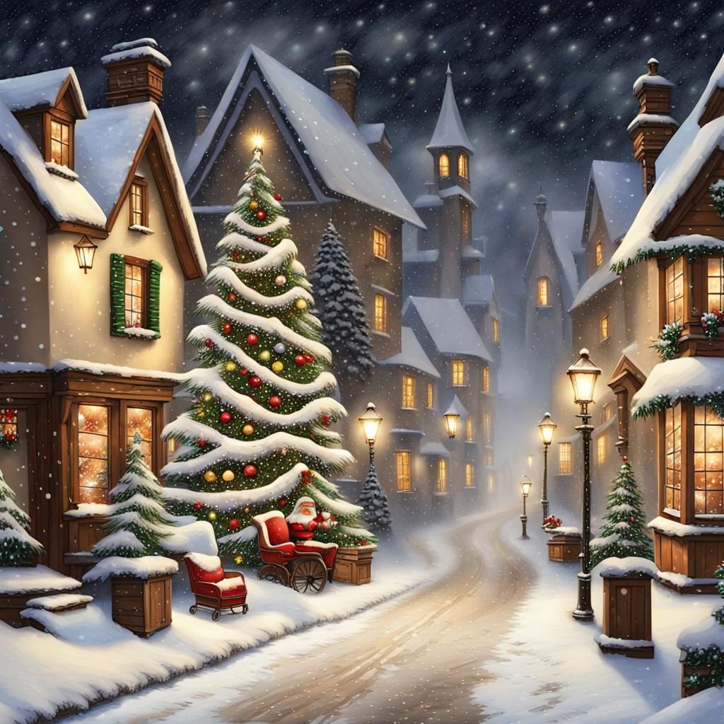 Santa, snow scene, village scene, night scene, falling snow, street ...