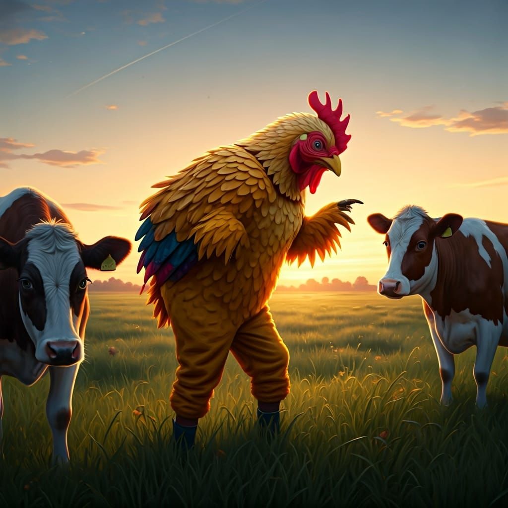 The Cow Tipper - Chicken Man Tipping Cows at Sunset